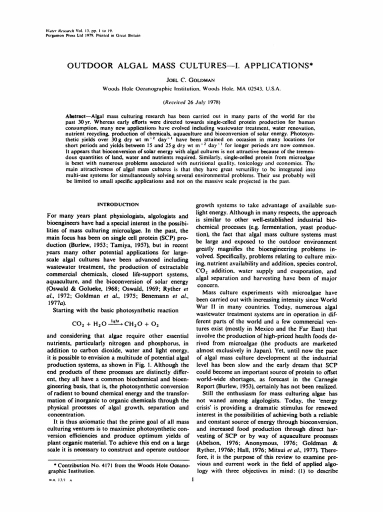 Outdoor Algal Mass Cultures - I. Applications | PDF | Algae | Plants