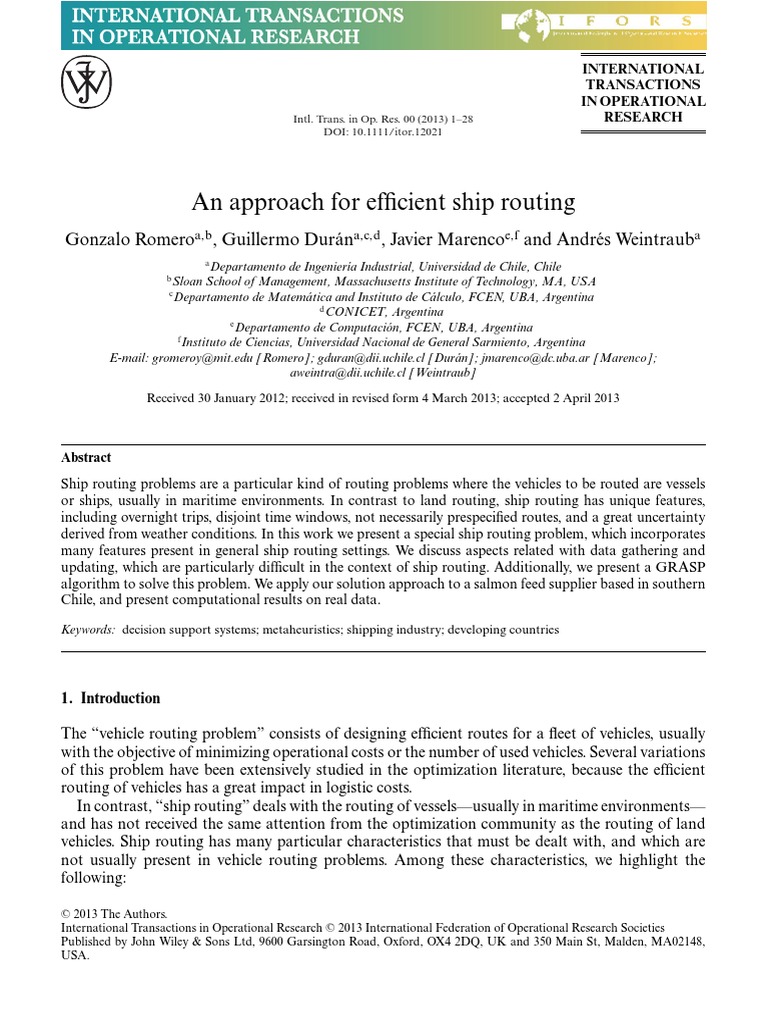 An Approach For Efficient Ship Routing Pdf Mathematical Optimization Linear Programming