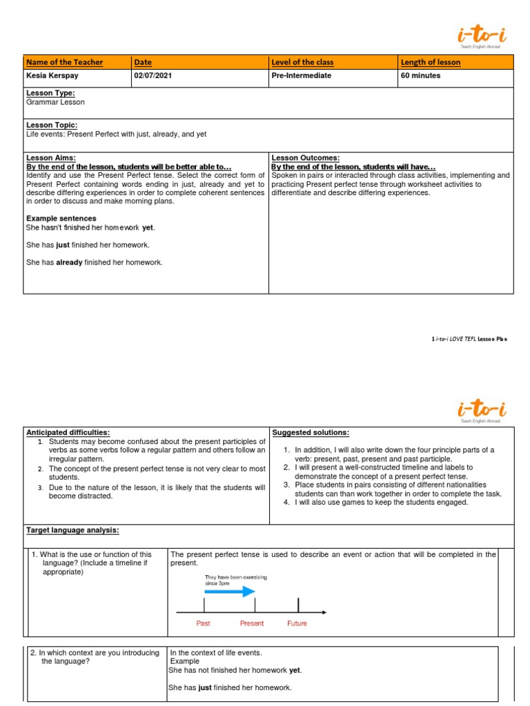 Assignment 2 Grammar Lesson Plan | PDF | Grammatical Tense | Perfect ...