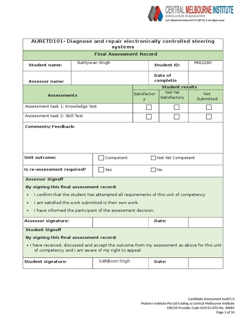 Candidate Assessment Tool AURETD101 | PDF | Educational Technology ...