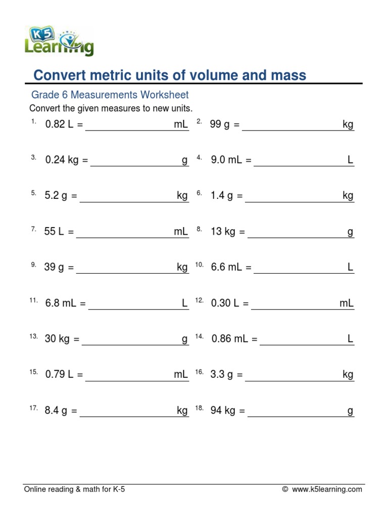 Grade 6 Conversion Metric Volume Mass Decimals e | PDF | Volume | Science