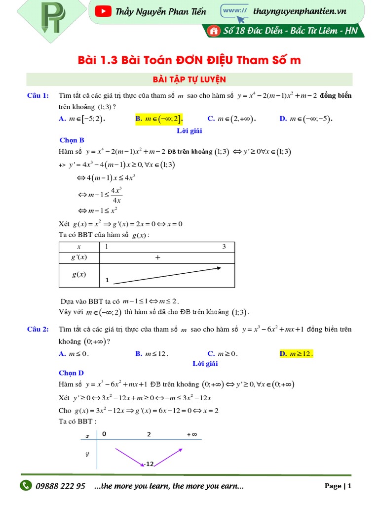BTVN - Tính Đơn Điệu Chứa M (Lời Giải + Đáp Án) | PDF