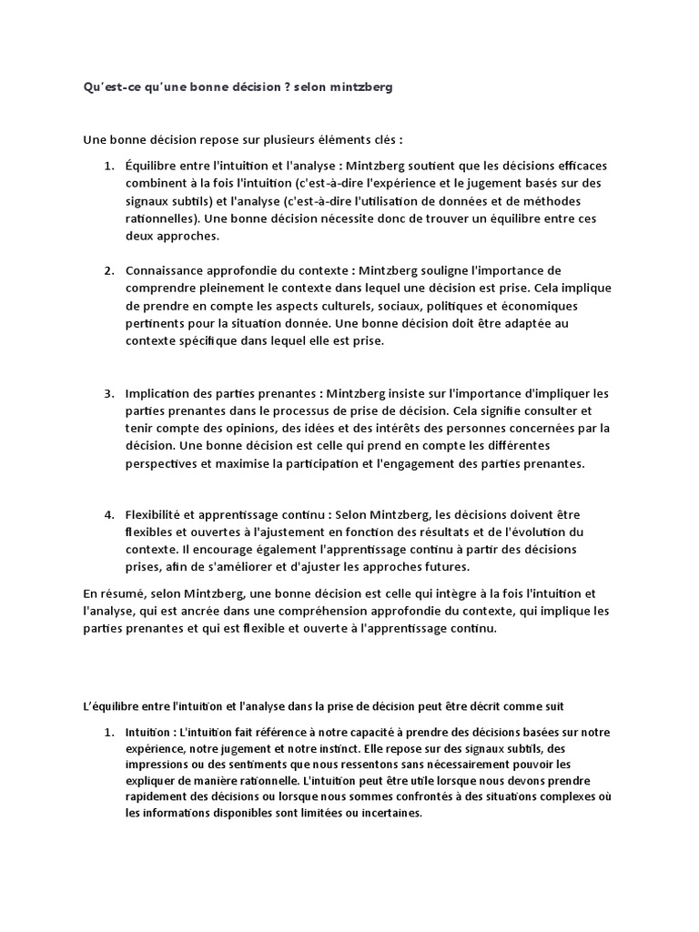 Prise de décision efficace selon Mintzberg | PDF | Partie prenante ...