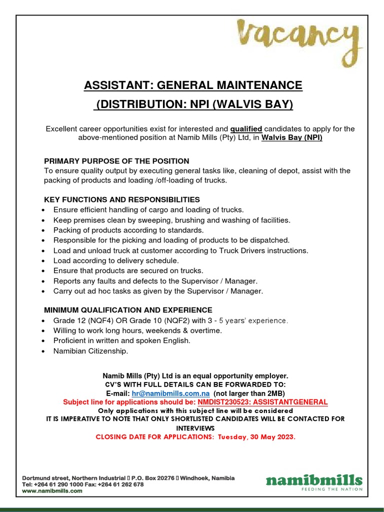 Namib Mills Assistant Maintenance Vacancy | PDF | Career & Growth ...