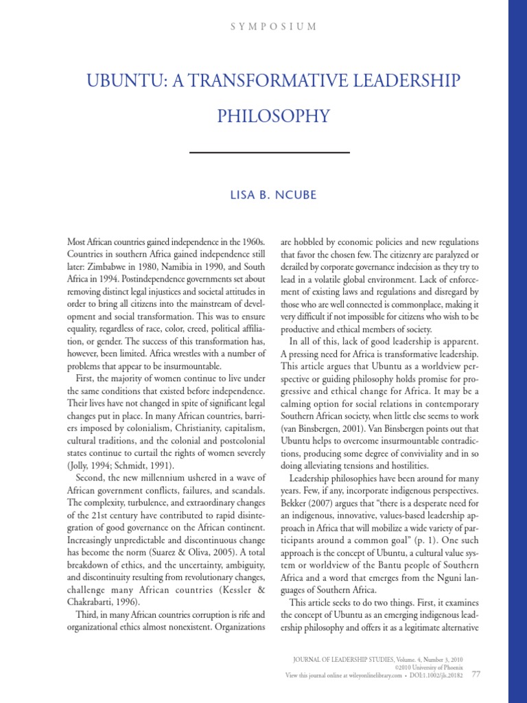 2010 Ncube - Ubuntu - A Transformative Leadership Philosophy | PDF ...