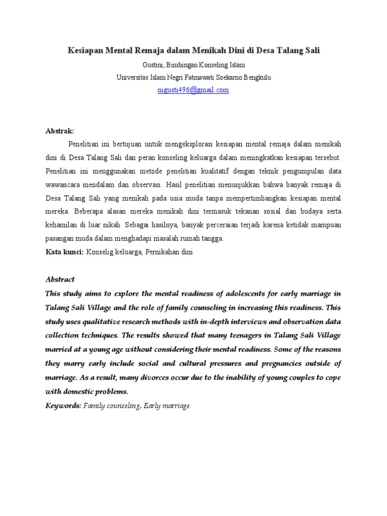 Kesiapan Mental Remaja Dalam Menikah Dini Di Desa Talang Sali | PDF