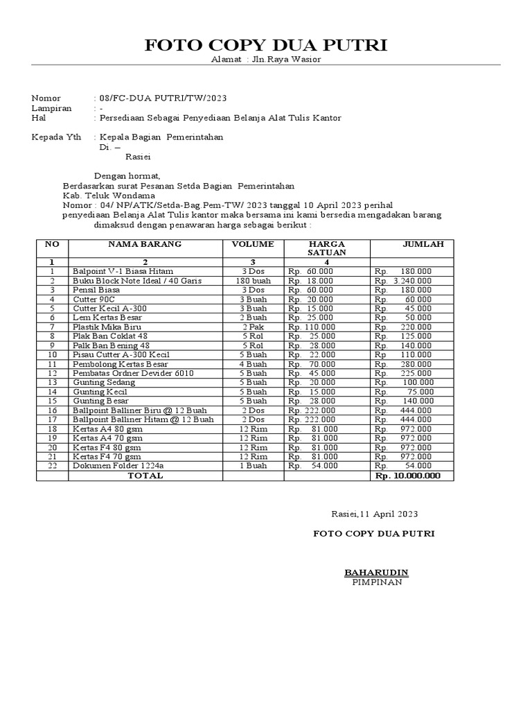 Nota Kesediaan Alat Tulis Kantor | PDF
