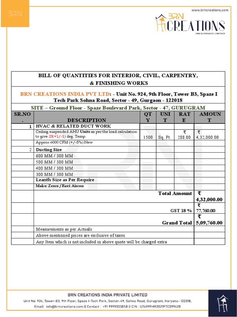 Bill of Quantities For Interior | PDF