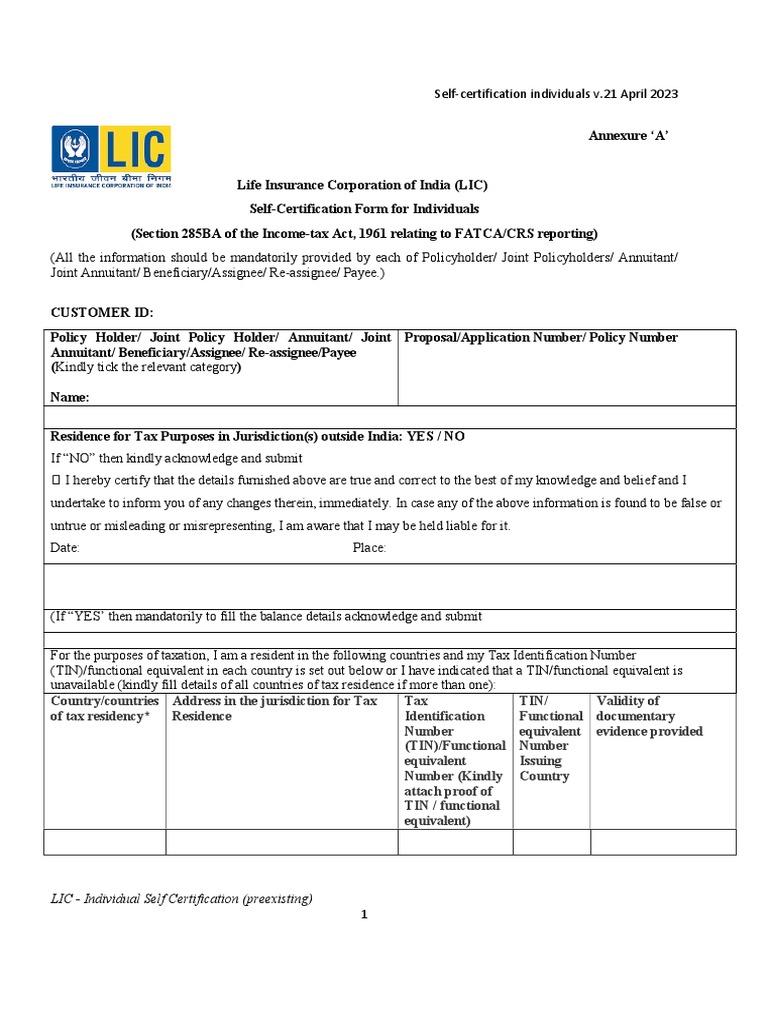 Final LIC Self Certfication Individuals 23 April 2023 | PDF | Identity ...