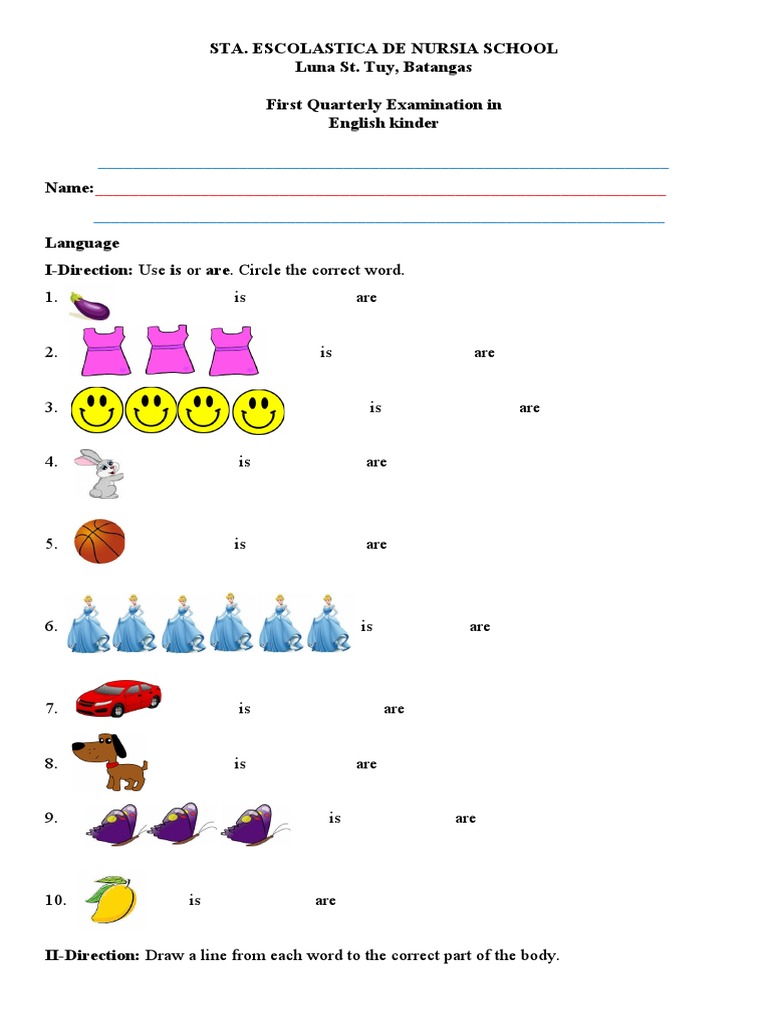 1st Quarterly English Kinder Exam | Download Free PDF | Languages ...