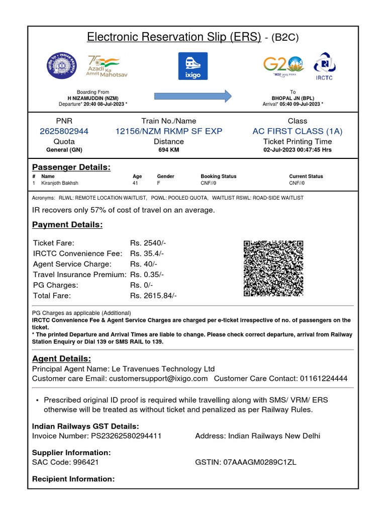 Electronic Reservation Slip (ERS) : 2625802944 12156/Nzm RKMP SF Exp Ac ...
