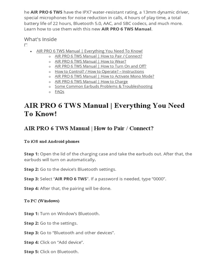 Pro6 Earbuds | PDF | Headphones | Bluetooth