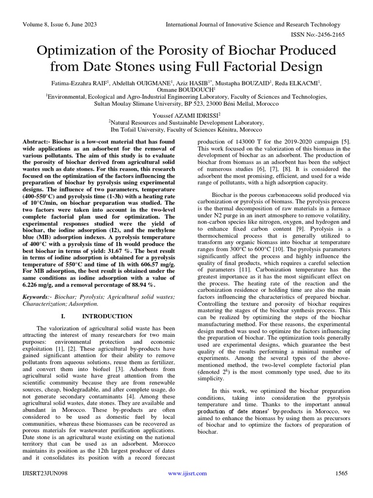 Optimization of The Porosity of Biochar Produced From Date Stones Using ...