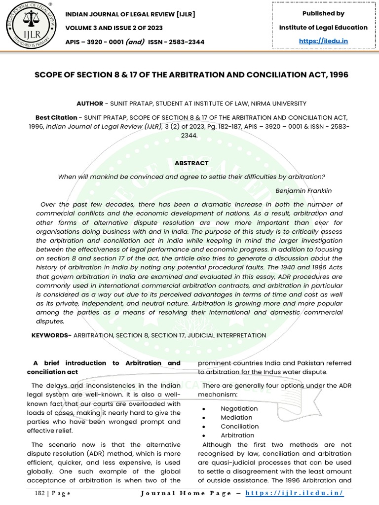 SCOPE OF SECTION 8 & 17 OF THE ARBITRATION AND CONCILIATION ACT, 1996 | PDF | Arbitration ...