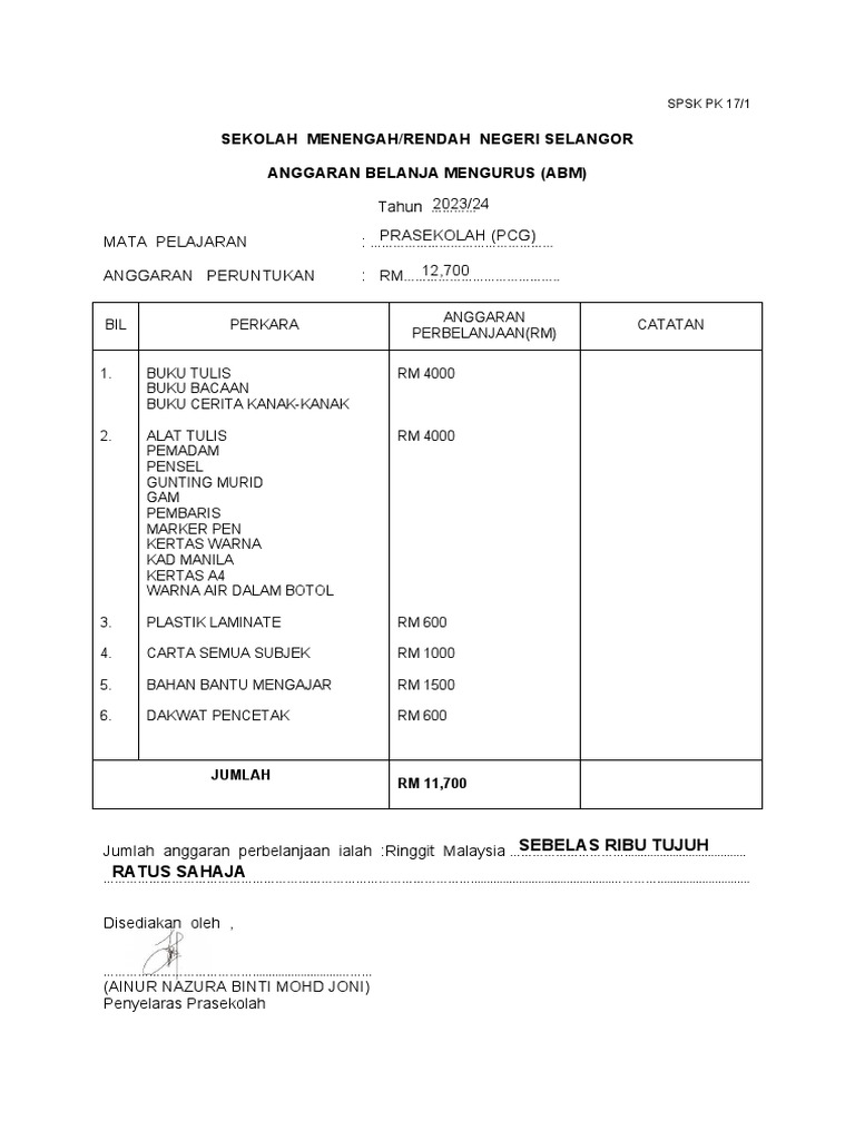 Anggaran Belanja Mengurus Prasekolah 2023 | PDF