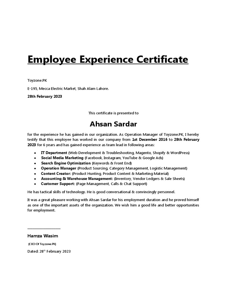 Experience Letter | PDF