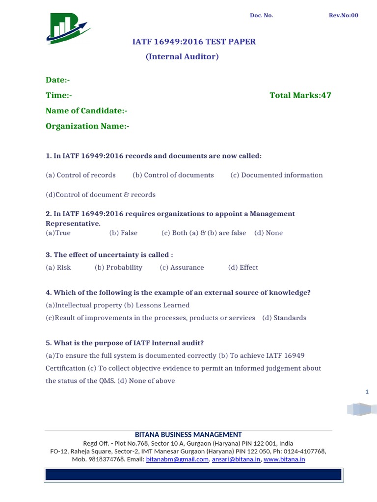 Test Paper IATF Internal Auditor | PDF | Iso 9000 | Quality Management
