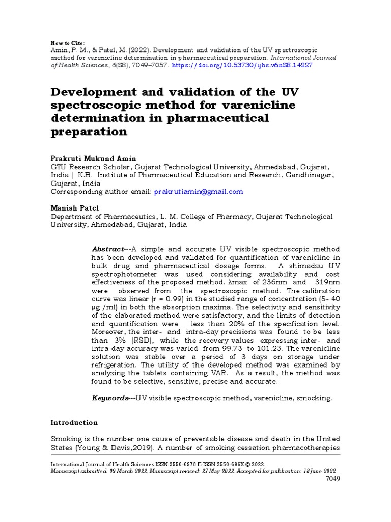 Development and Validation of The UV Spectroscopic Method For Varenicline Determination in ...