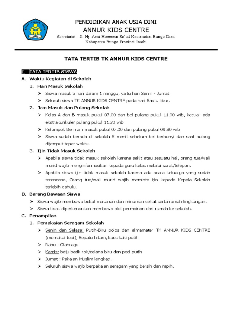 Tata Tertib Siswa TK Akc | PDF
