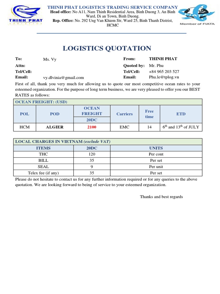 Logistics Quotation for Ms. Vy | PDF