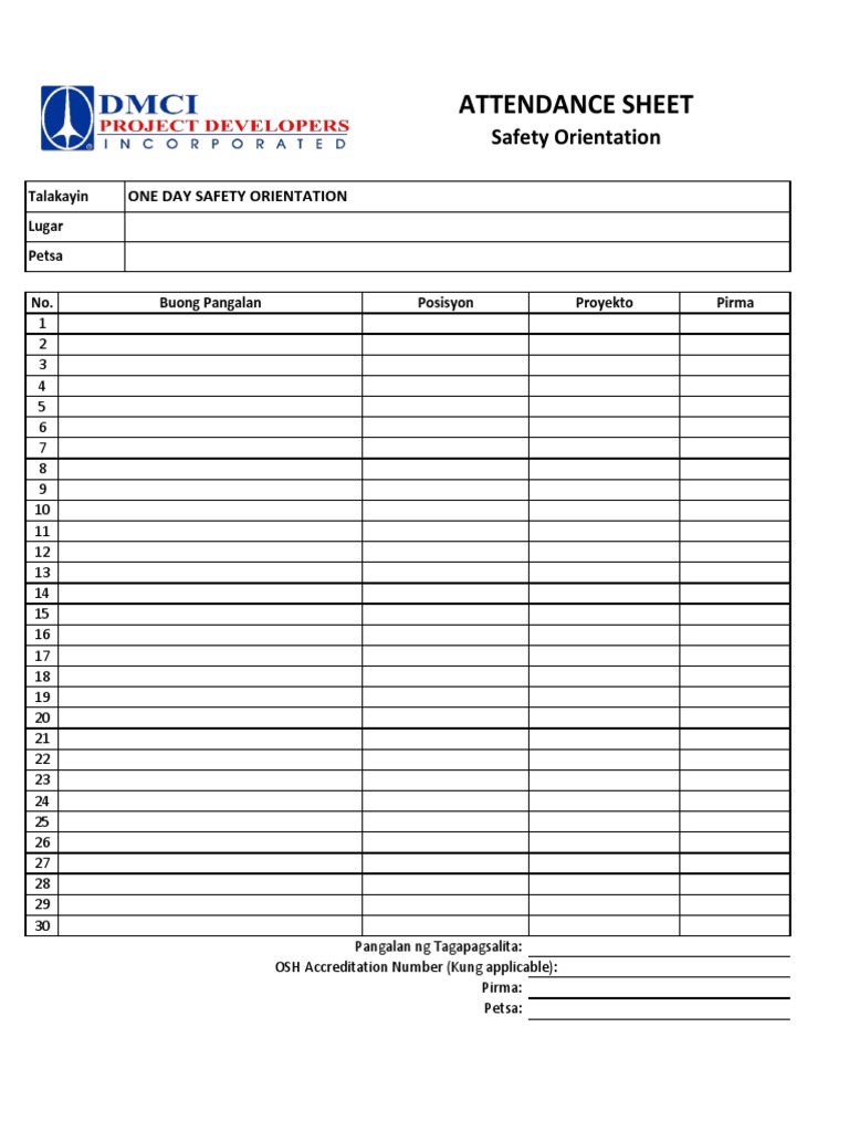 Safety Orientation Attendance Sheet | PDF