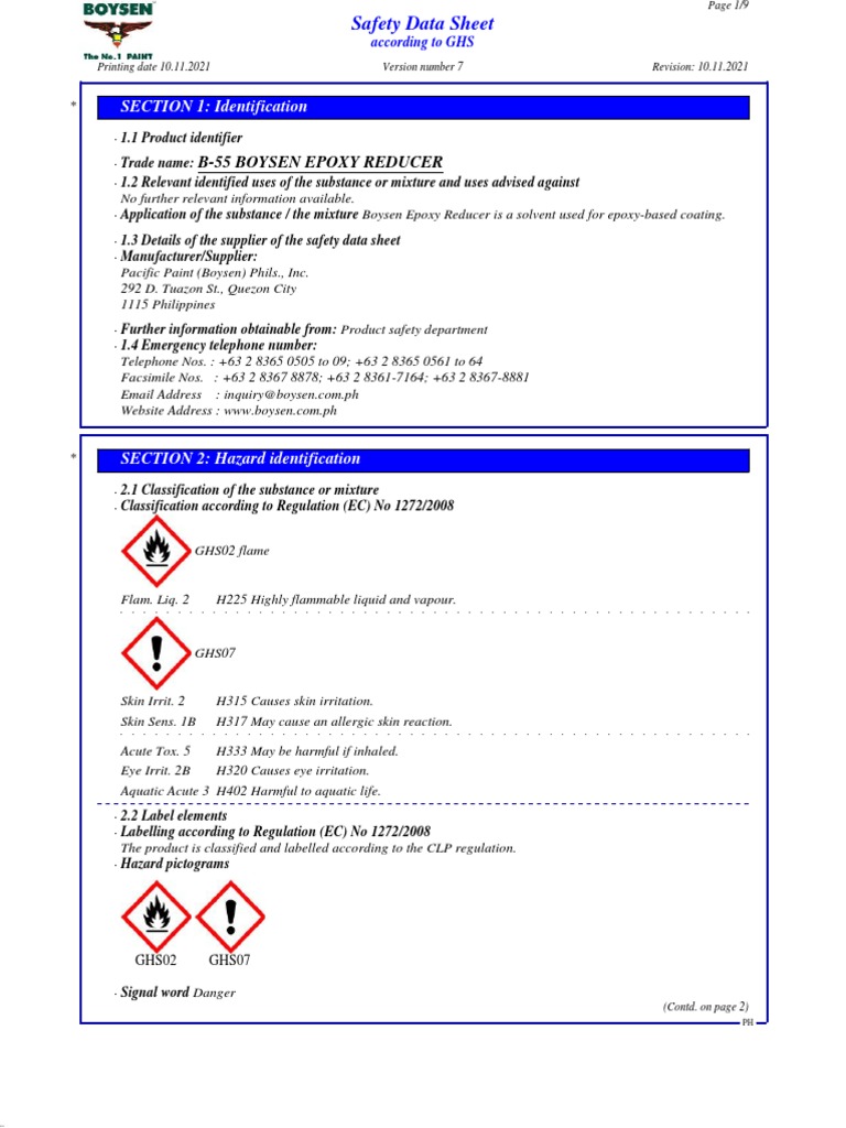 B-55 Boysen Epoxy Reducer 1121 | PDF | Toxicity | Dangerous Goods