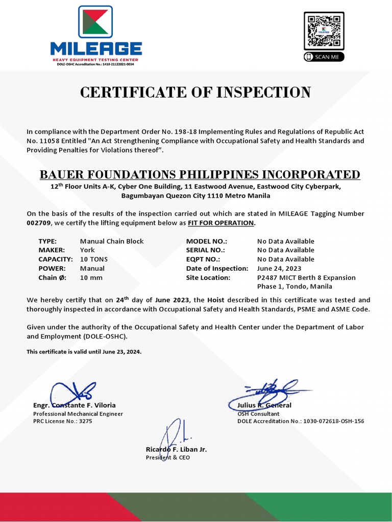 HOIST CERT 2709 | PDF