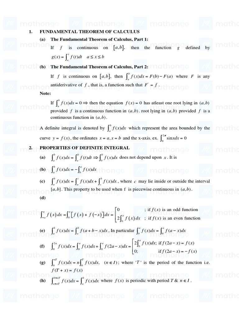 Definite Integration - Formula Sheet - MathonGo | PDF | Function (Mathematics) | Integral