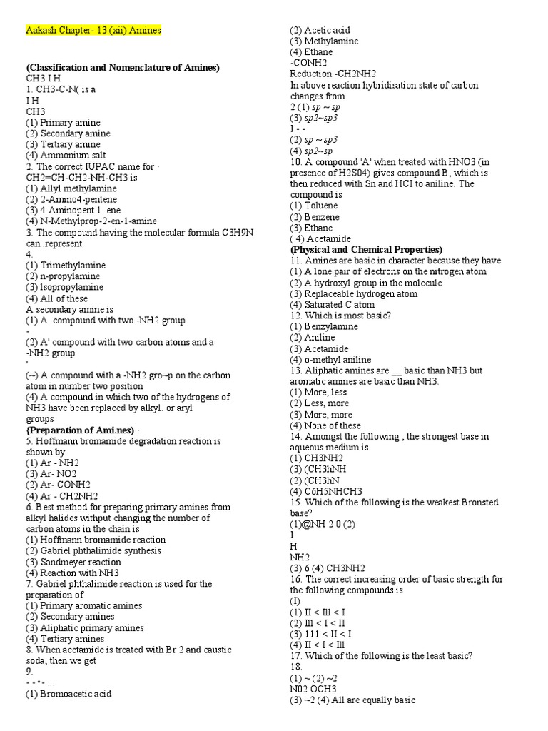 Aakash Chapter - 13 (Xii) Amines | PDF | Amine | Molecules