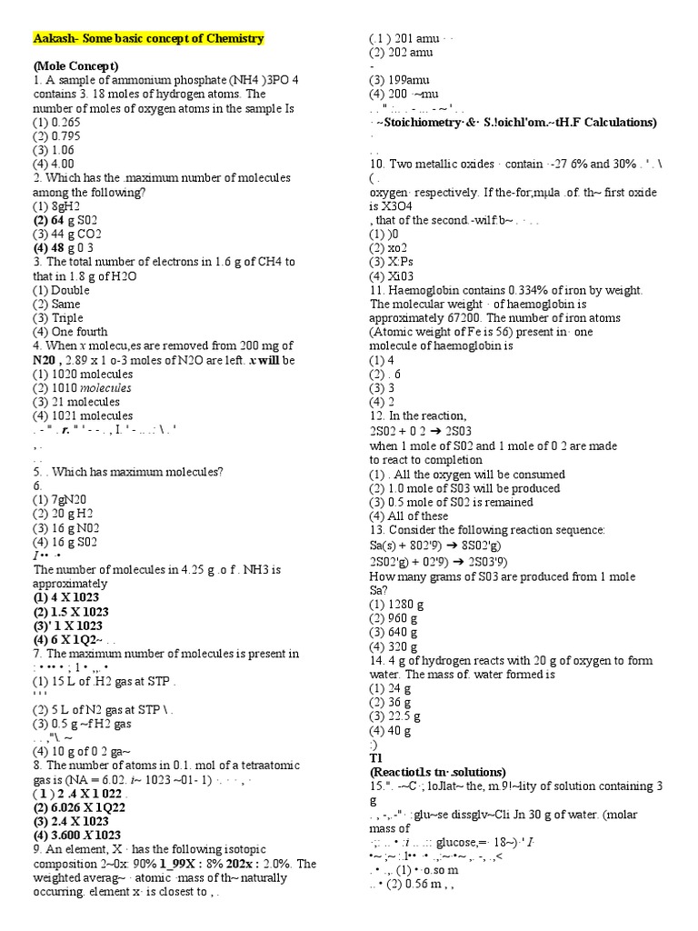 Aakash - Some Basic Concept of Chemistry & BEGINNER'S BOX | PDF | Mole (Unit) | Stoichiometry