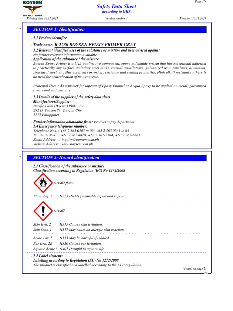 B-2230 Boysen Epoxy Primer Gray 1121 | PDF | Toxicity | Dangerous Goods