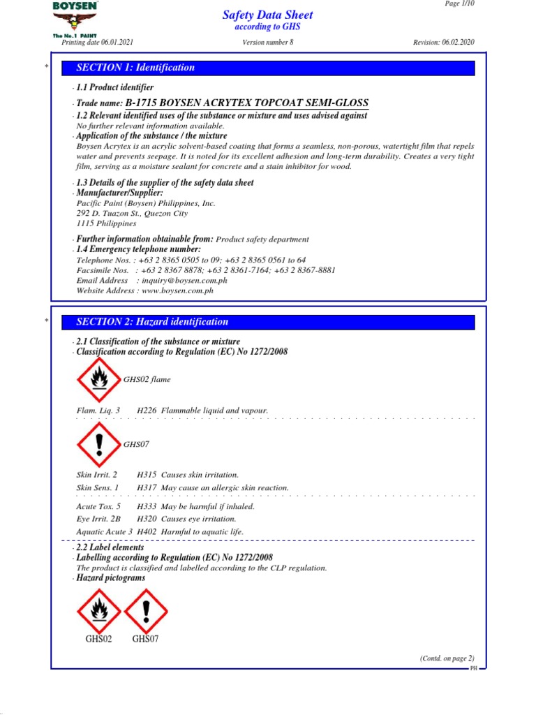 B-1715 Boysen Acrytex Topcoat Semi-Gloss 0220 | PDF | Toxicity ...