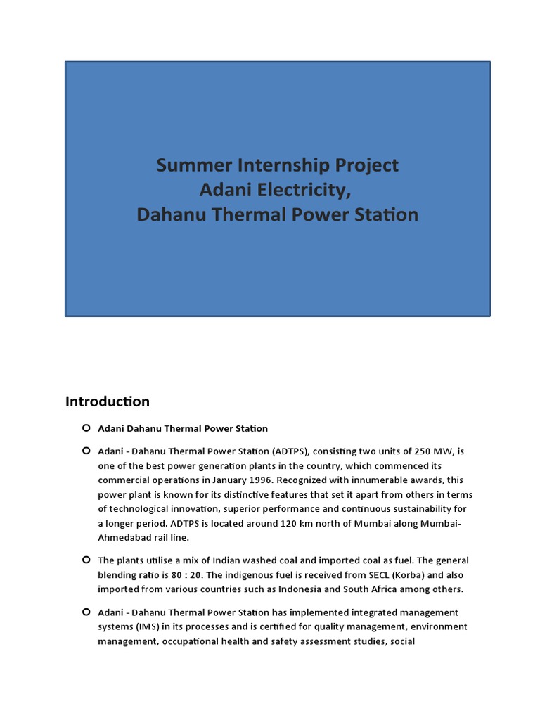 Summer Internship Project Adani Electricity, Dahanu Thermal Power Station | PDF | Depreciation ...
