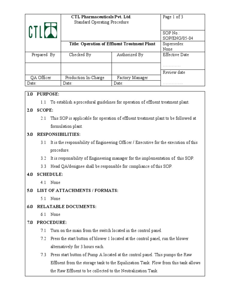 SOP for operation of effulent treatment plant | PDF | Effluent | Ph