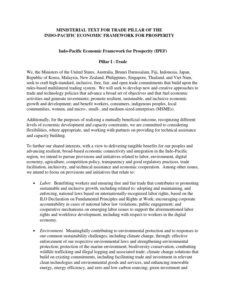 IPEF Pillar 1 Ministerial Text (Trade Pillar)_FOR PUBLIC RELEASE (1) | PDF | Sustainability ...