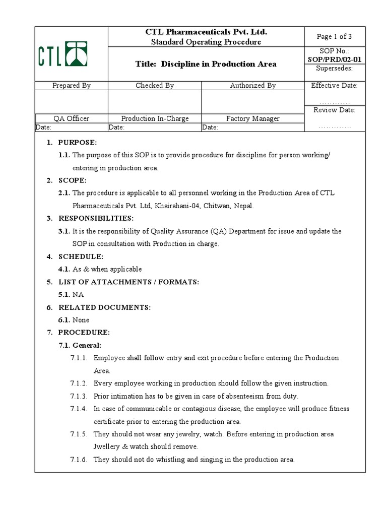 Production Area Discipline SOP | PDF | Safety | Health Care