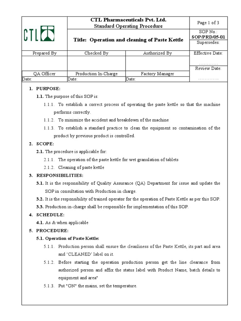 SOP On Operation and Cleaning of Paste Kettle | PDF | Water