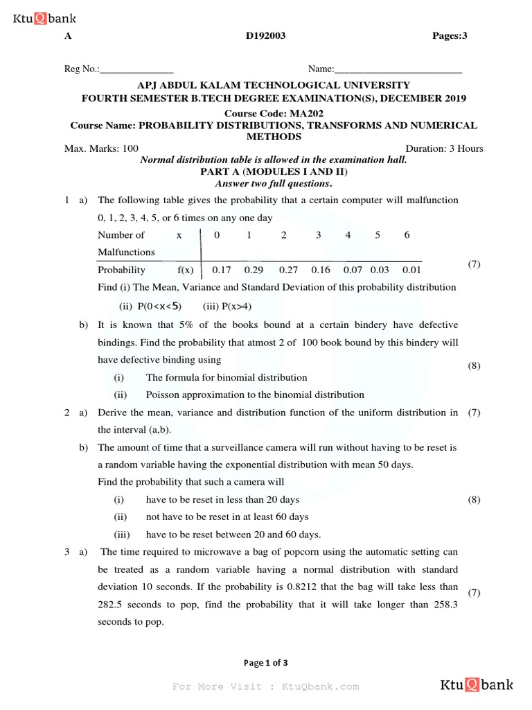 2019 Dec. MA202-G - ktu qbank | PDF | Probability Distribution | Mathematical Analysis