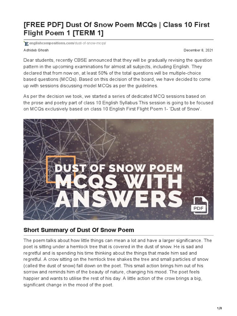 FREE PDF Dust of Snow Poem MCQs Class 10 First Flight Poem 1 TERM 1 ...