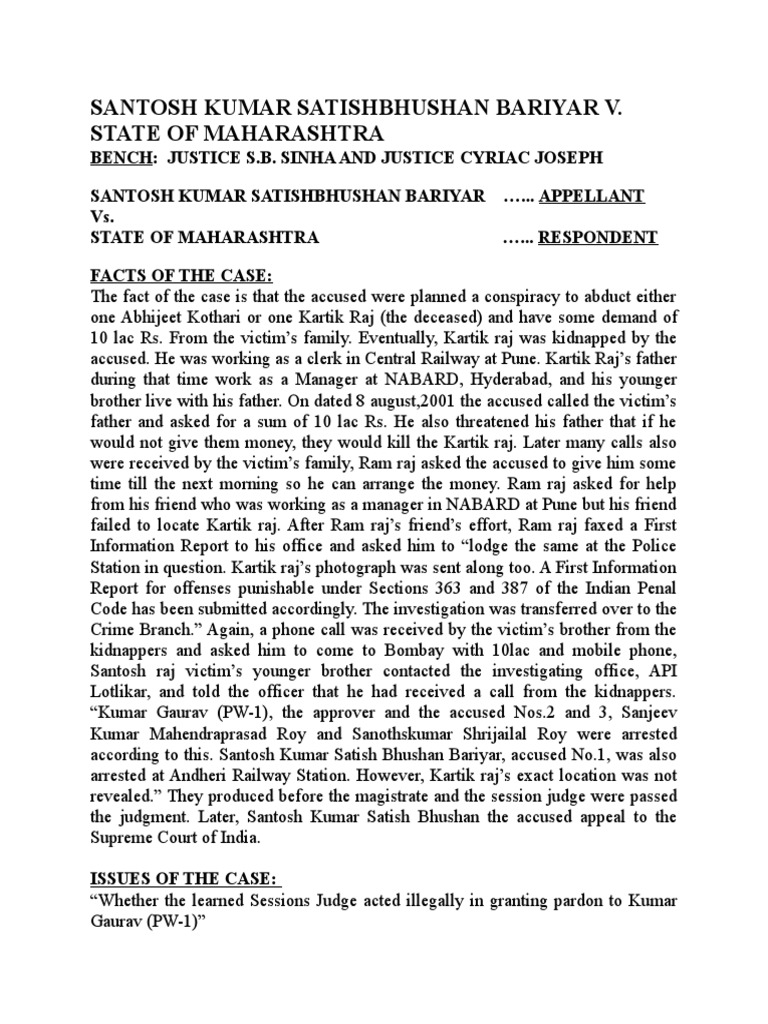 Santosh Kumr Vs State of Maharashtra | Download Free PDF | Kidnapping | Pardon