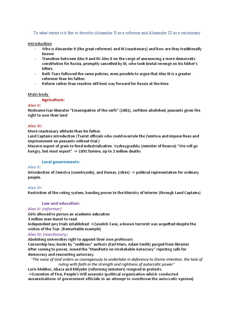 Alex II and III Essay Plan | PDF | Russian Empire