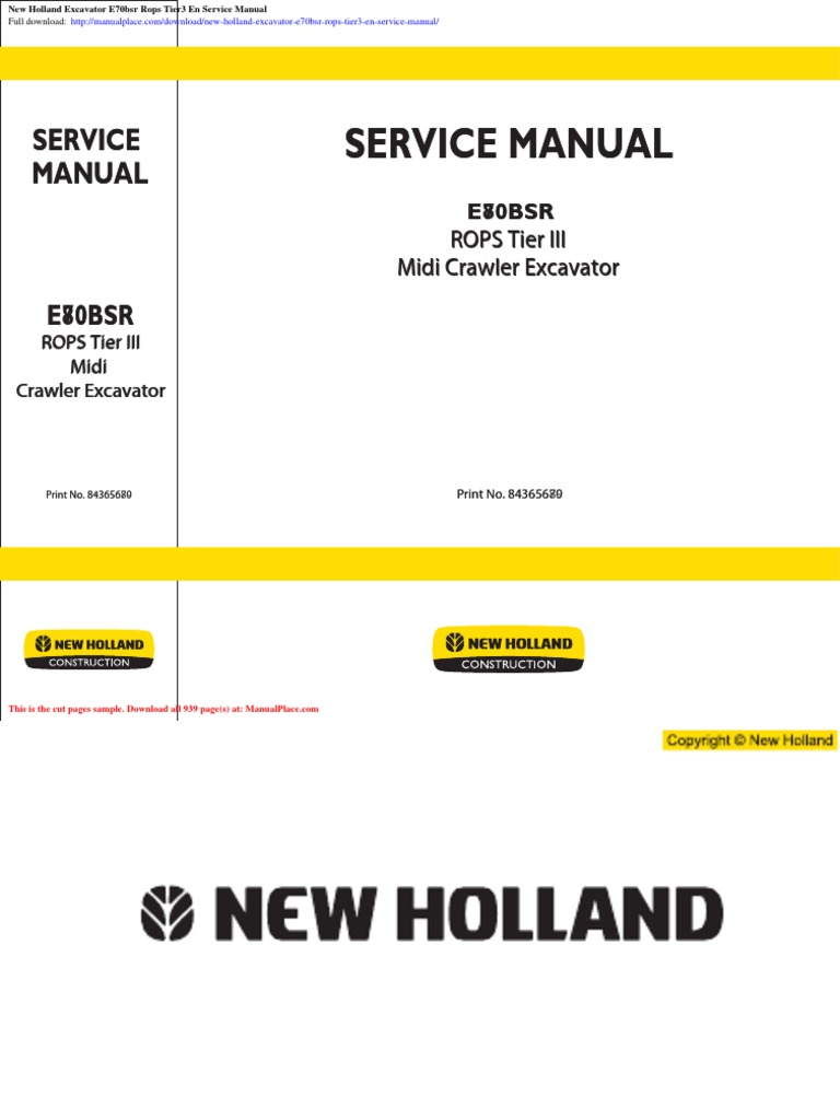 New Holland Excavator E70bsr Rops Tier3 en Service Manual | PDF ...