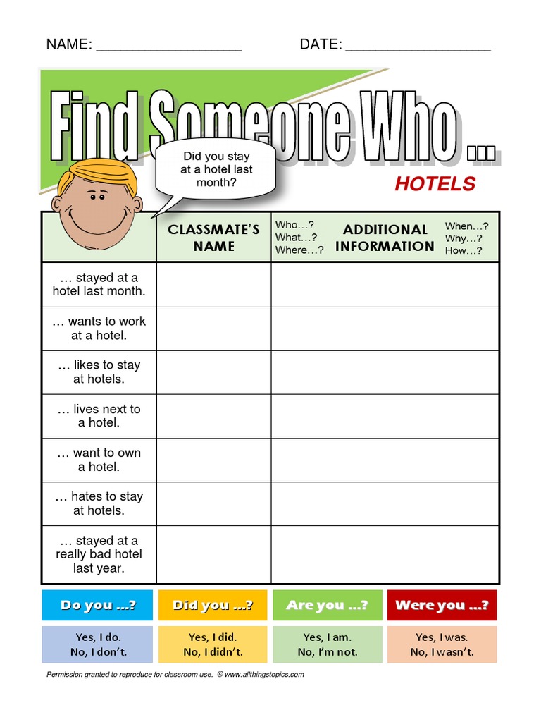 NTC 22 Worksheet Findsomeone-Hotels | PDF | Verb | Language Mechanics