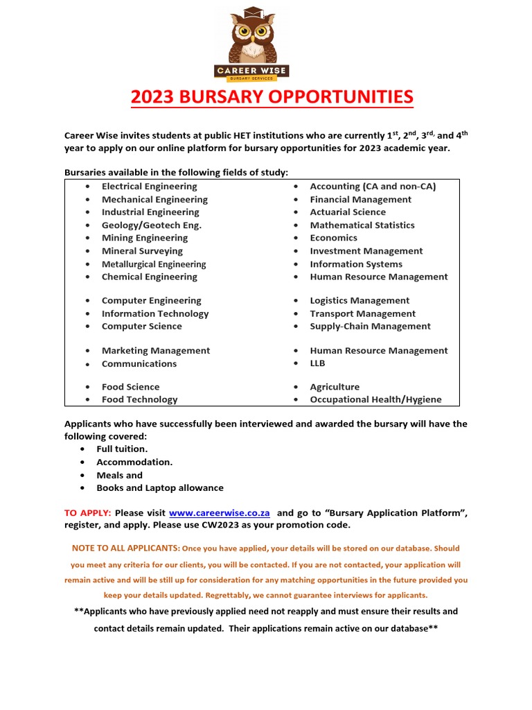 Career Wise Bursary Advert 2023 | PDF | Engineering | Economies