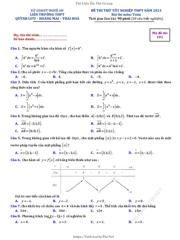 00. (XMIN 2023) Đề Số 68 - Đề Thi Thử Toán TN THPT 2023 Lần 1 Liên Trường THPT Quỳnh Lưu - Hoàng ...