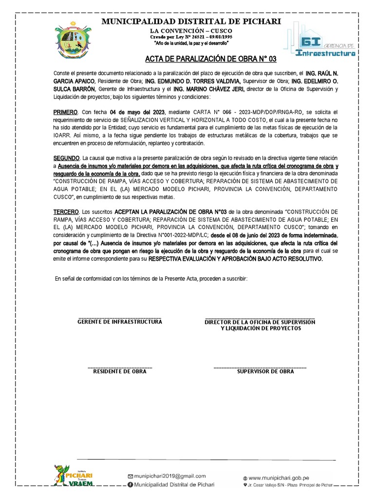 ACTA DE PARALIZACION #03 Rev | PDF