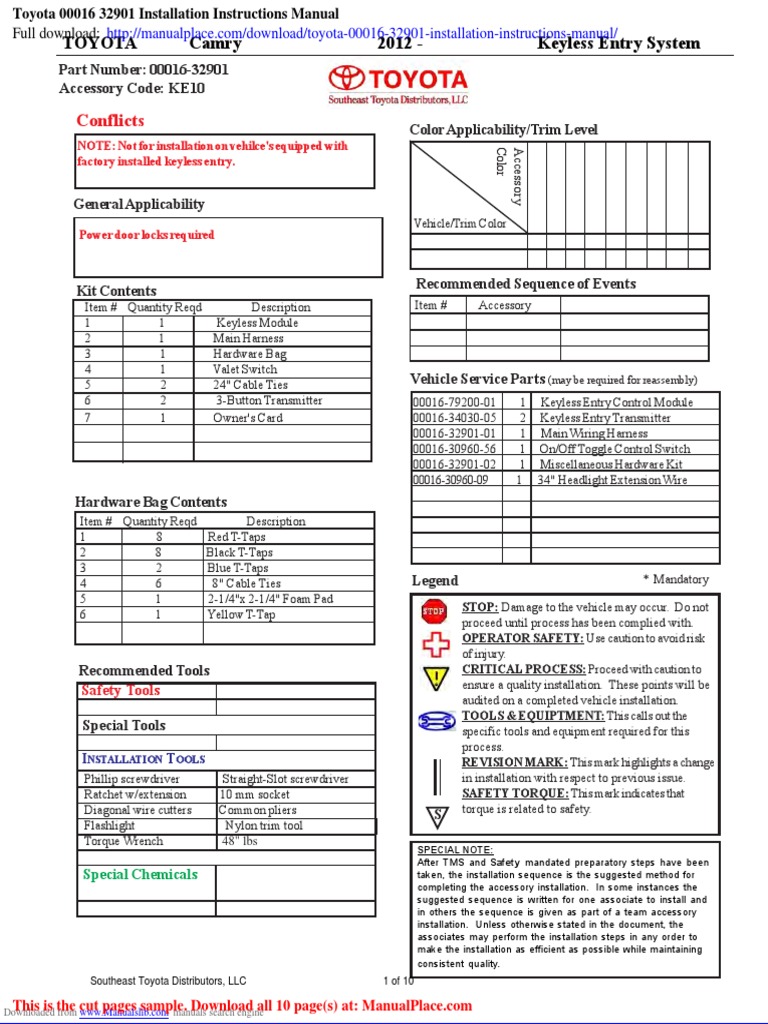 Toyota 00016 32901 Installation Instructions Manual | PDF | Vehicles ...