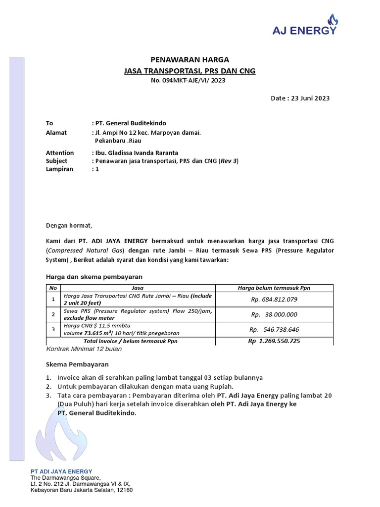 Penawaran Jasa Transportasi CNG dan PRS | PDF