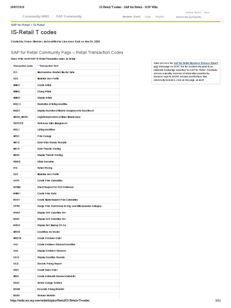 SAP IS-Retail Transaction Codes Guide | PDF | Point Of Sale | Receipt