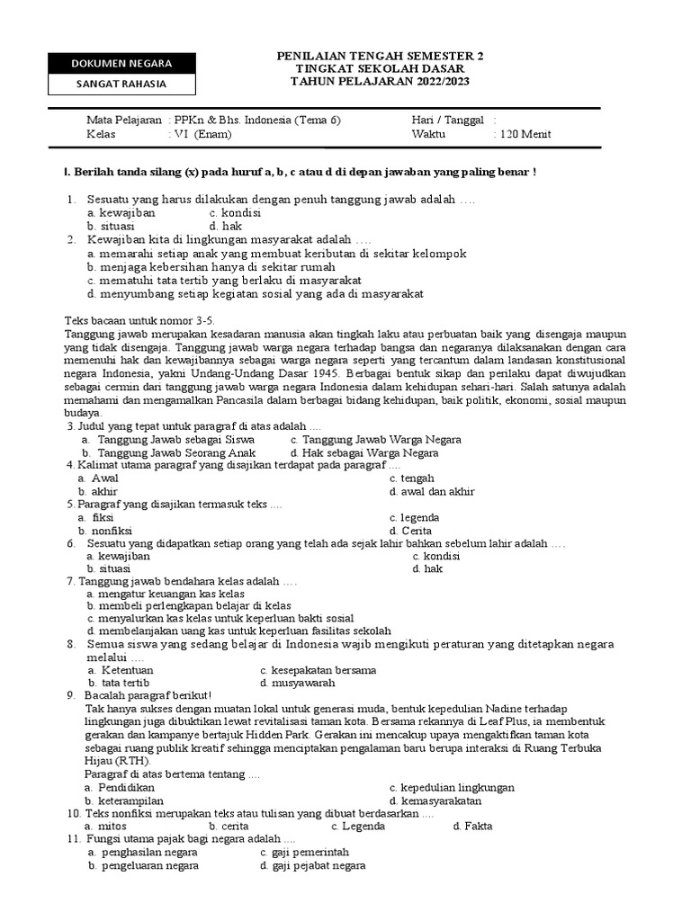PTS SMT 2 - Kelas 6 Tema 6 Mapel PPKN & B. Indo | PDF